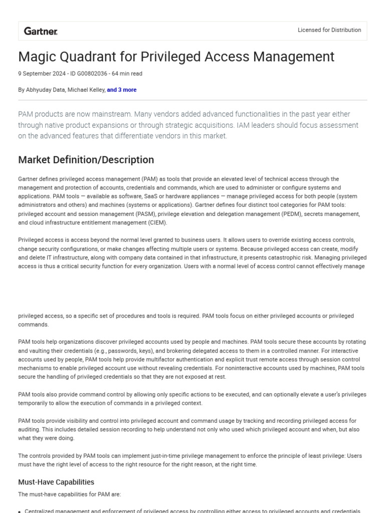 Magic Quadrant For Privileged Access Management 2024 | PDF | Software As A Service | Cloud Computing