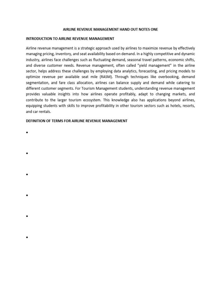 Airline Revenue Management Hand Out Notes One | PDF | Pricing | Forecasting