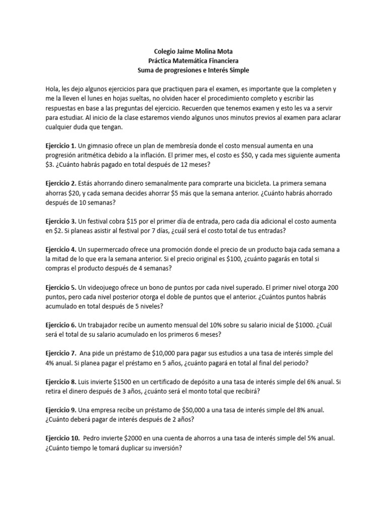 Practica Suma de Progresiones e Interes Simple | PDF | Interés | Tasas de interés