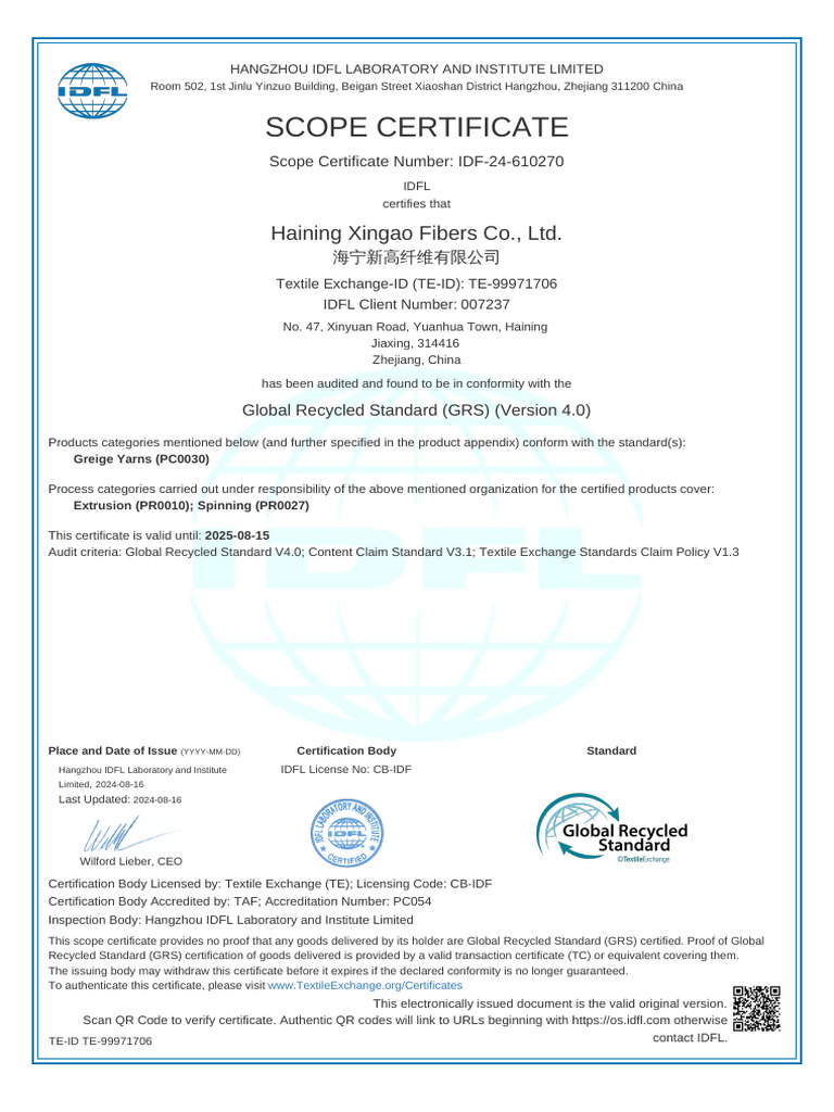 IDFL 24 610270 GRS Certificate Haining Xingao Fibers Co LTD (16aug 2024 ...