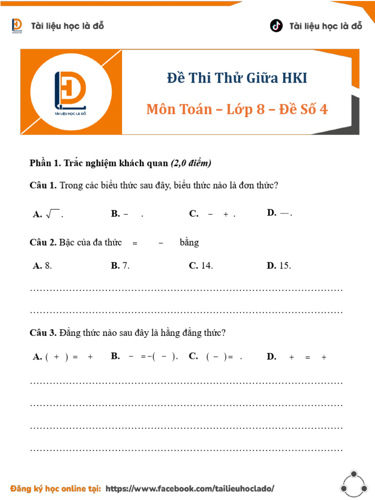 ĐỀ THI GIỮA HKI TOÁN 8 LẦN IV | PDF
