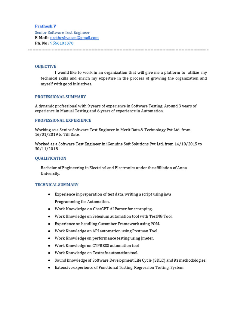 Prathesh Resume | PDF | Software Testing | Selenium (Software)