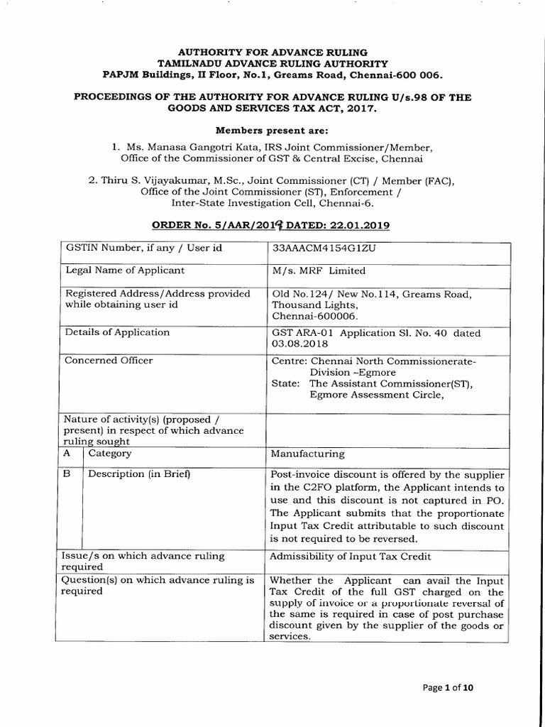 Tamil Nadu GST Advance Ruling on ITC | PDF | Value Added Tax | Discounting