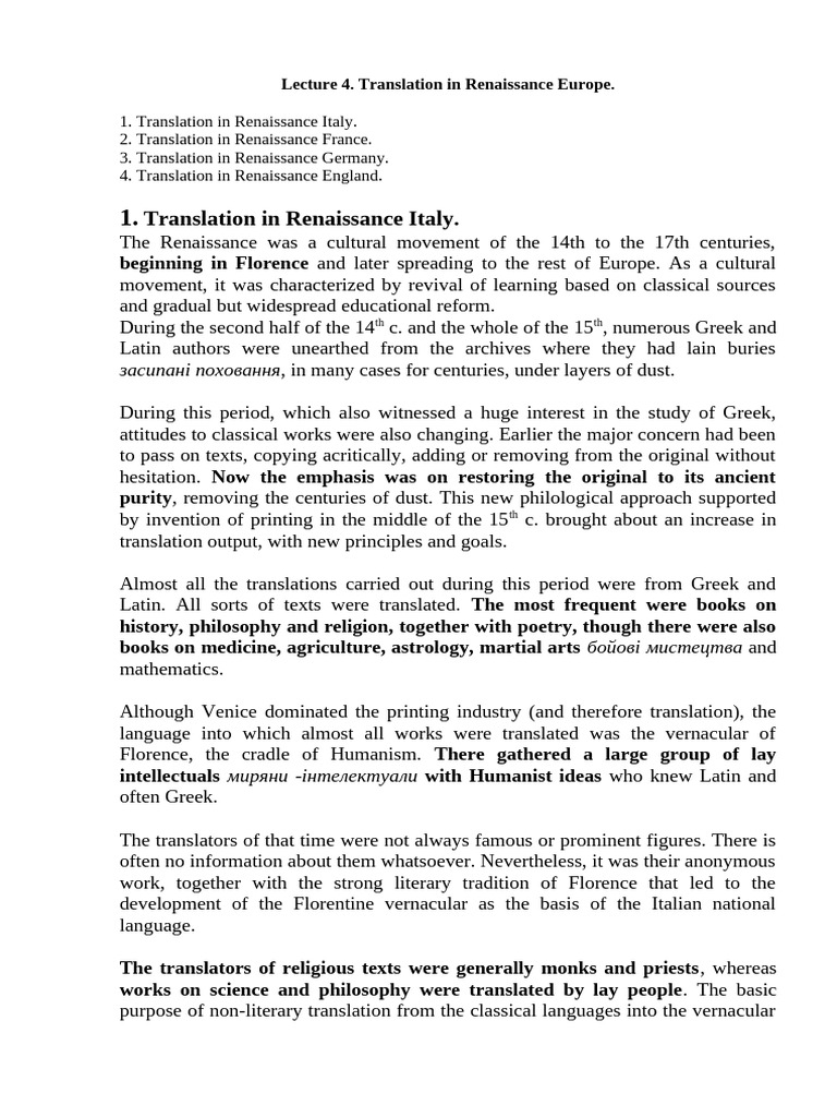 Lecture 4. Translation in Renaissance Europe | PDF | Translations ...