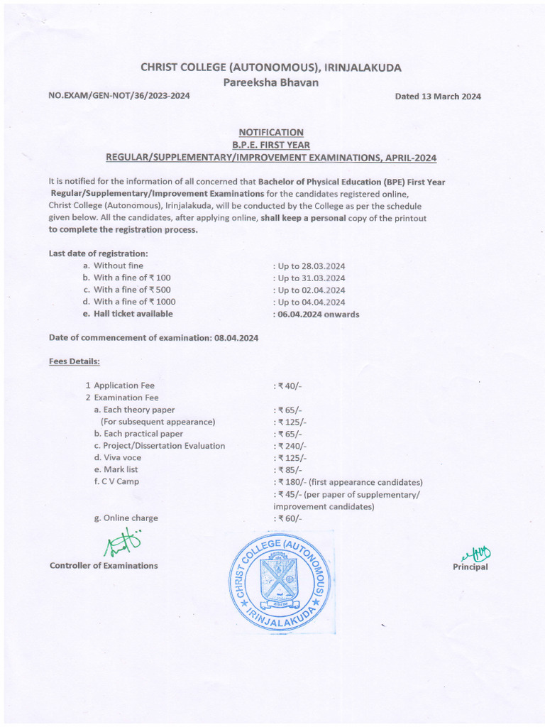 BPEd 1st Year Regular Supplemetary Improvement Exam Notification April 2024 | PDF