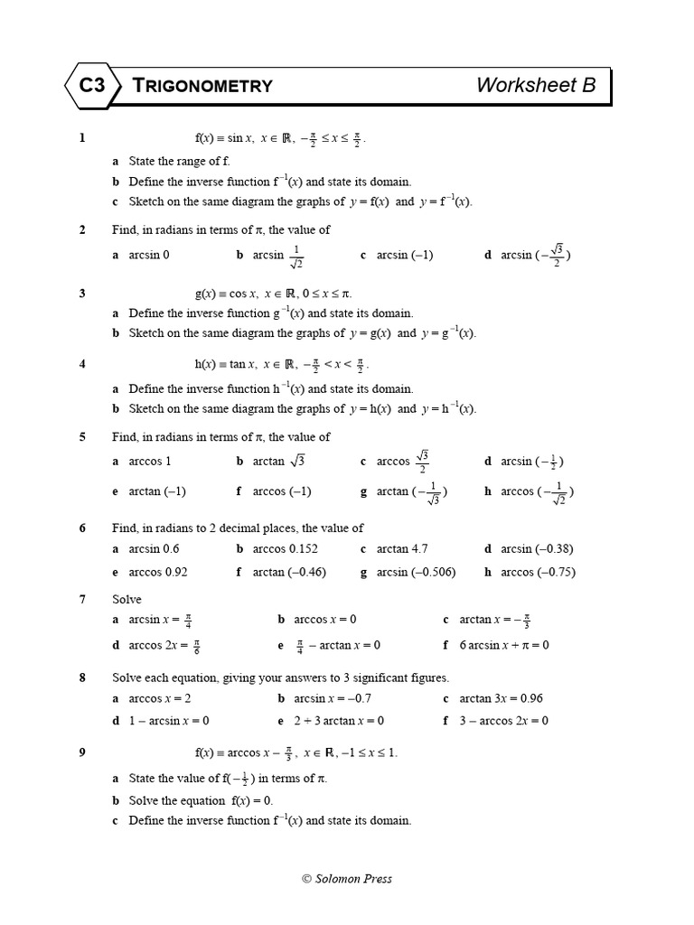 Worksheet B - Inverse Trigonometric Functions Solutions | PDF ...