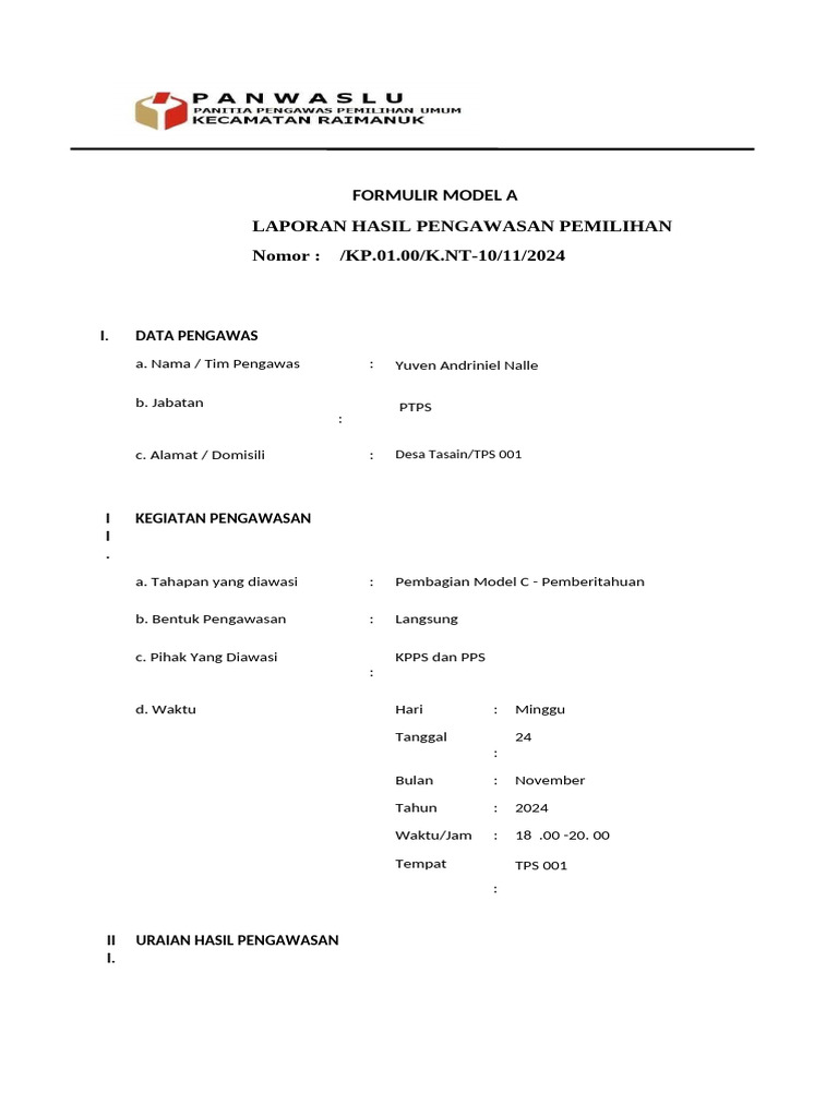 TPS 001 Form A Desa Tasain | PDF