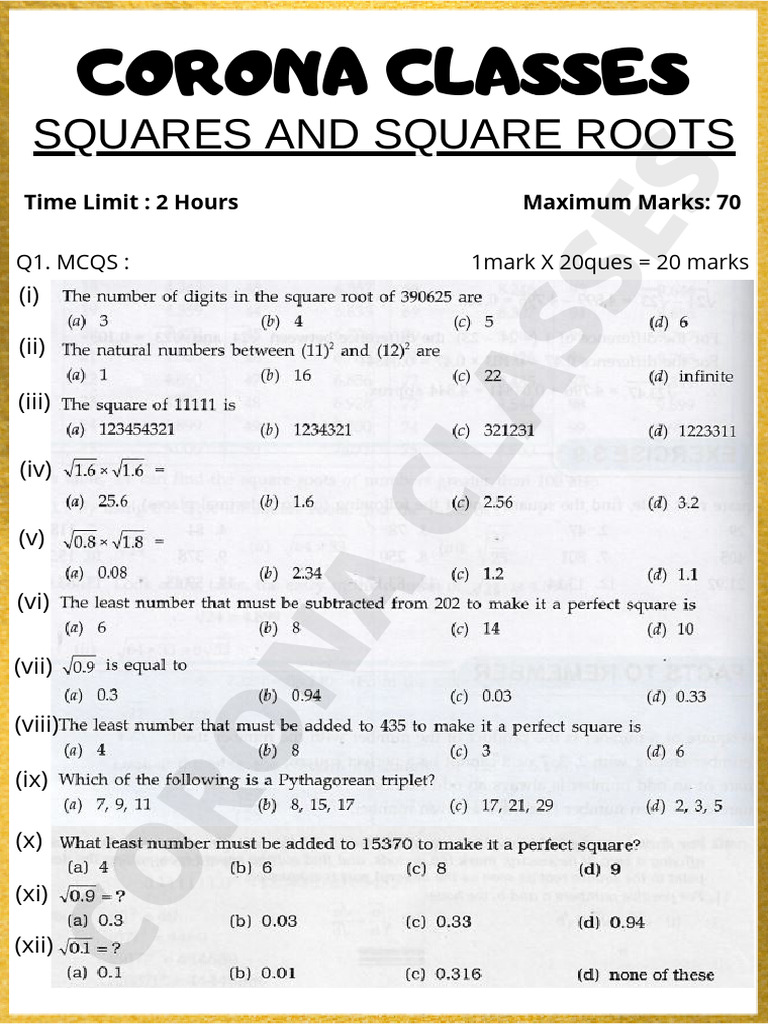 Math Test: Squares & Roots | PDF