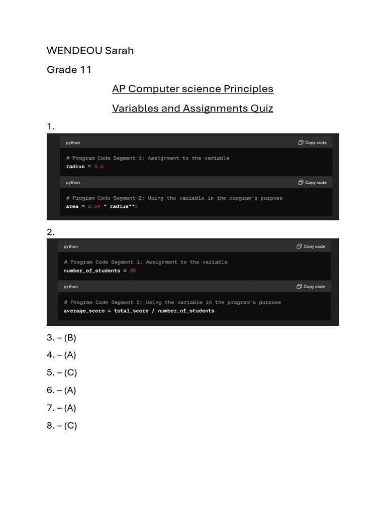 Variables Quiz | PDF