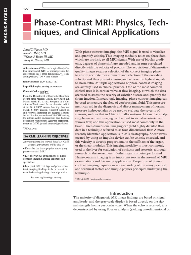 Phase-Contrast MRI Physics, Techniques, and Clinical Applications | PDF ...