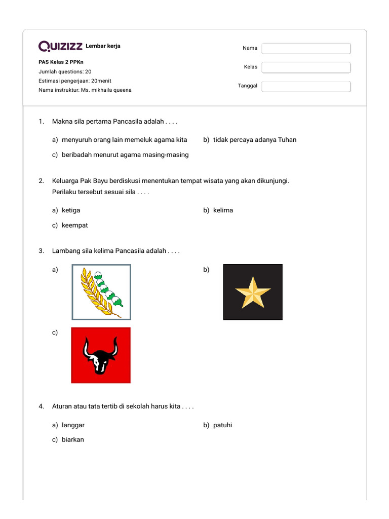 PAS Kelas 2 PPKN - Quizizz | PDF