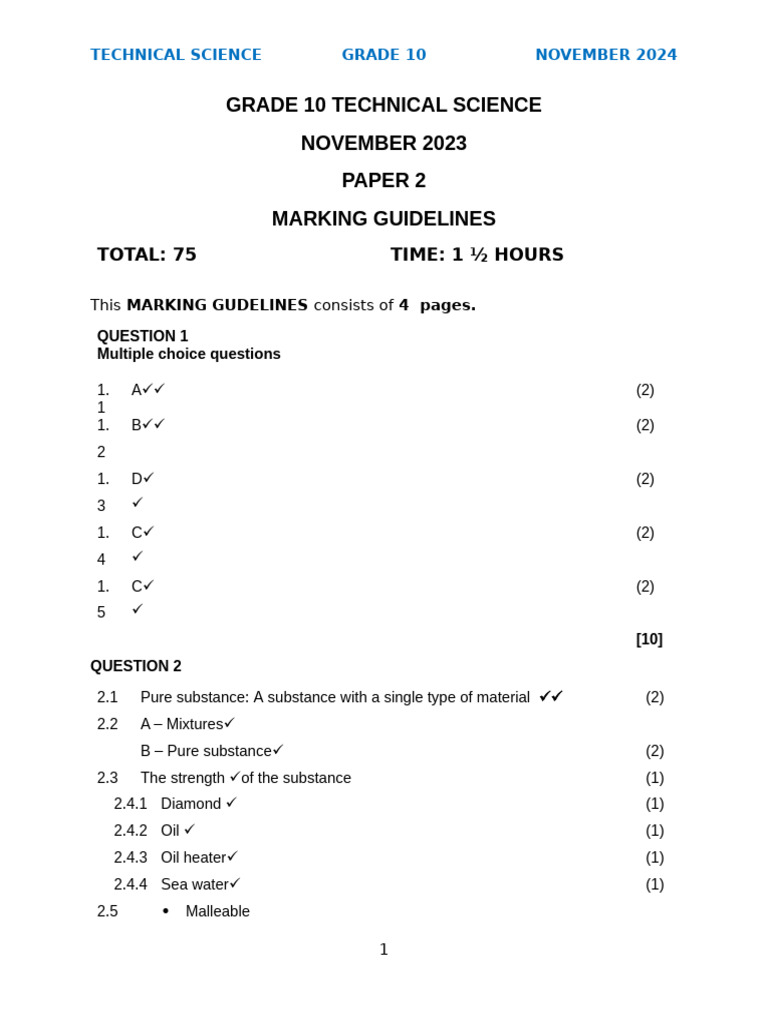 THSC GR 10 Nov 2024 Marking Guidelines Technical Science p2 | PDF ...