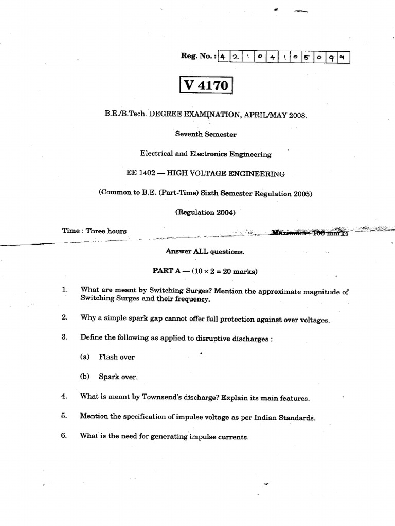 EE1402 HVE April May 2008 | PDF