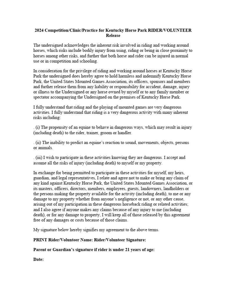 2024 KHP Venue Release | PDF | Horses | Indemnity