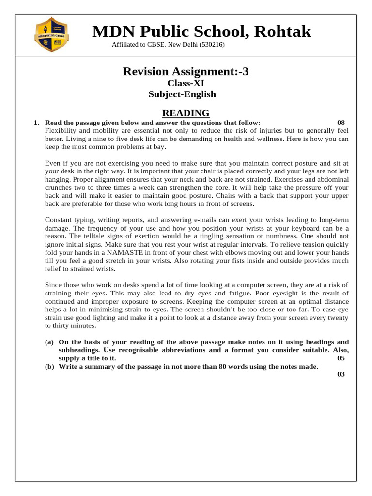 Grade 11 Revision Assignment 3 Pdf Paresthesia