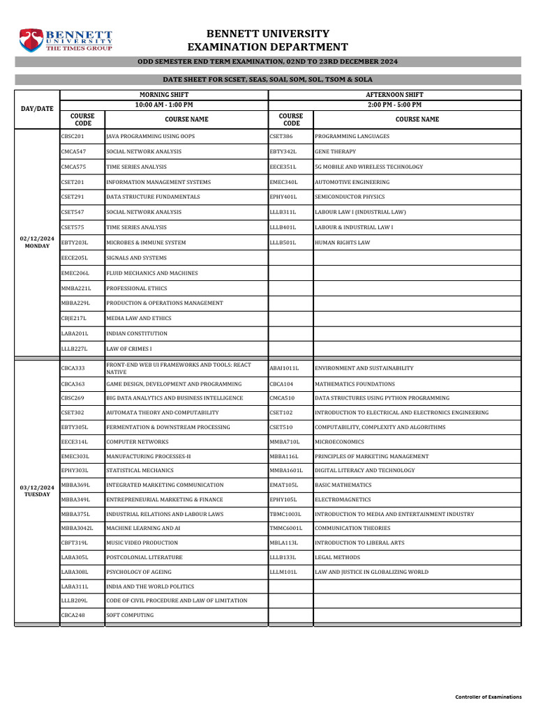 Bennett University Exam Date Sheet 2024 | PDF | Artificial Intelligence | Intelligence (AI ...