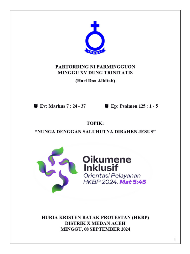 MINGGU XV Dung Trinitatis, 08 September 2024 Batak-1 | PDF