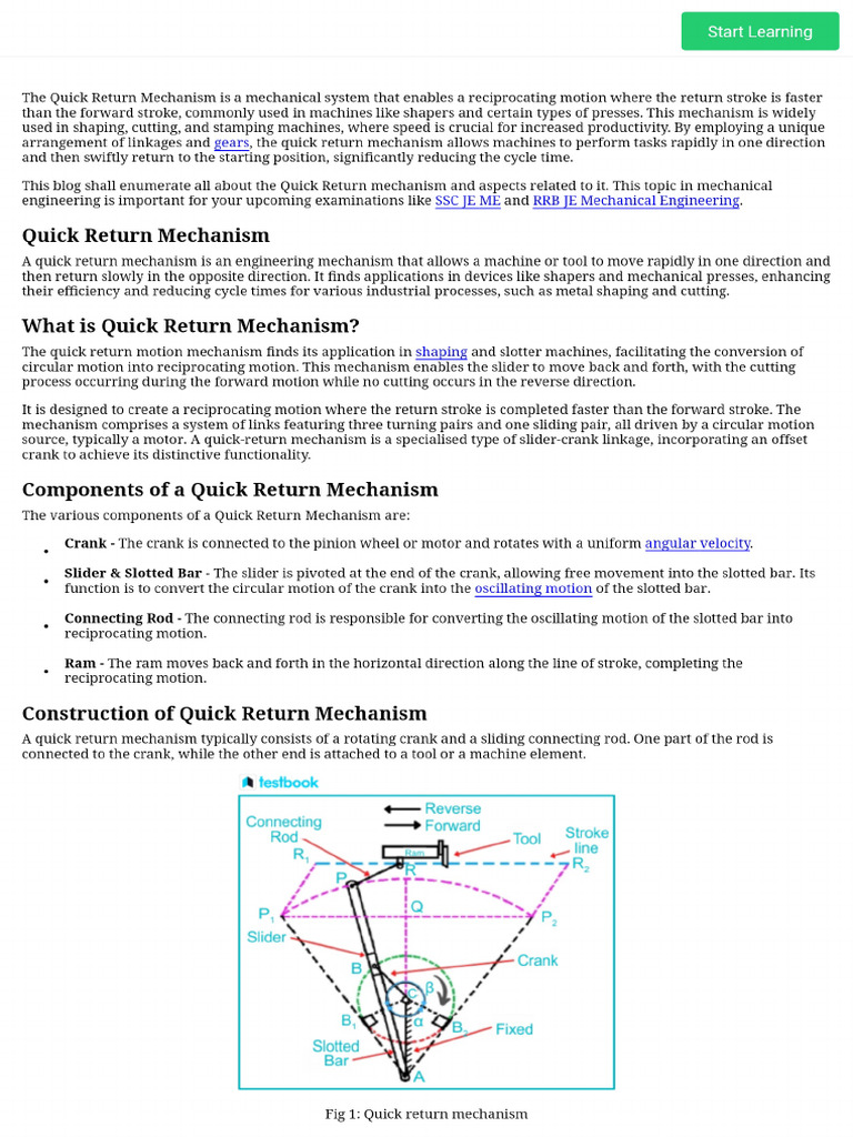 Quick Return Mechanism - Diagram, Parts, Working, Types, Uses | PDF