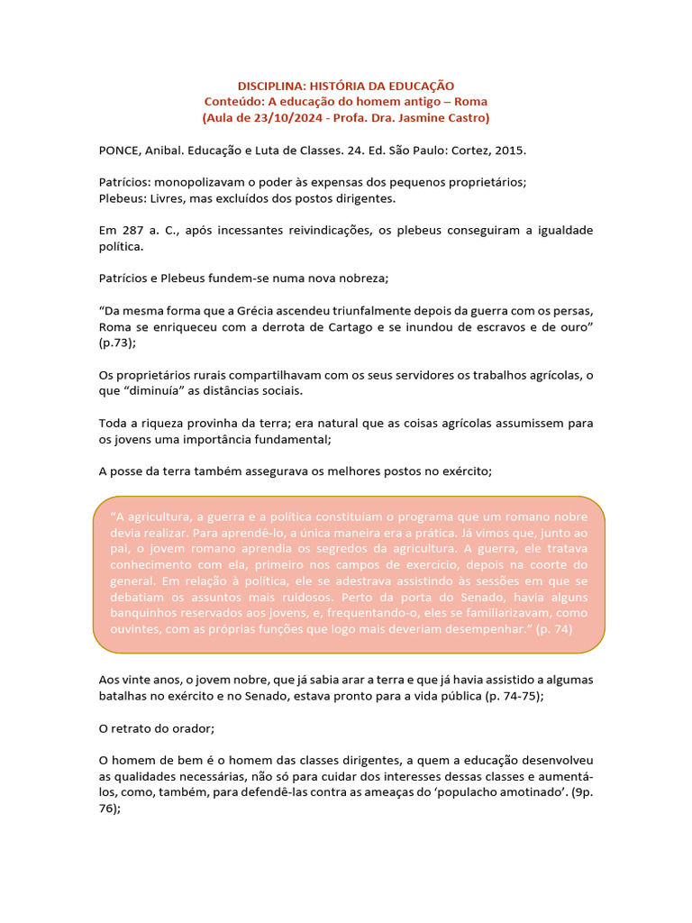 Educação em Roma: Patrícios e Plebeus | PDF | Roma Antiga | Nobreza