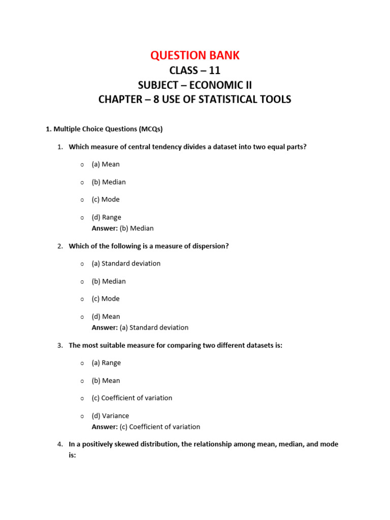 Question Bank Class 11 Eco II CH 8 Use of Statistical Tools | PDF | Mean | Mode (Statistics)