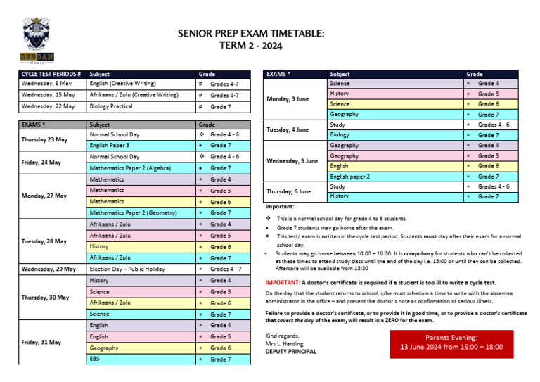 2024 Term 2 Exam Timetable | PDF | Mathematics | Educational Stages