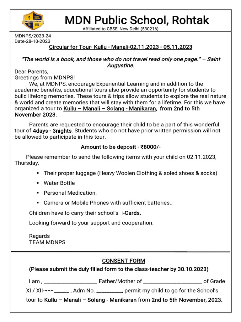 Manali Tour Consent Form | PDF