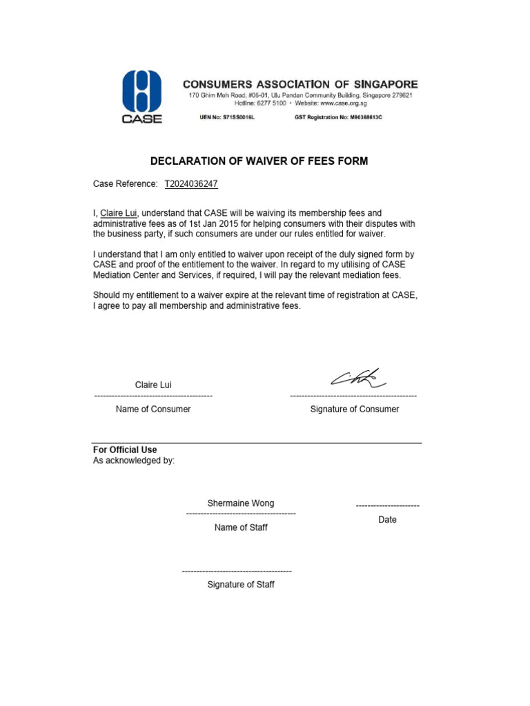 T2024036247 - Fees Waiver Declaration - Signed 18 April 2024 | PDF