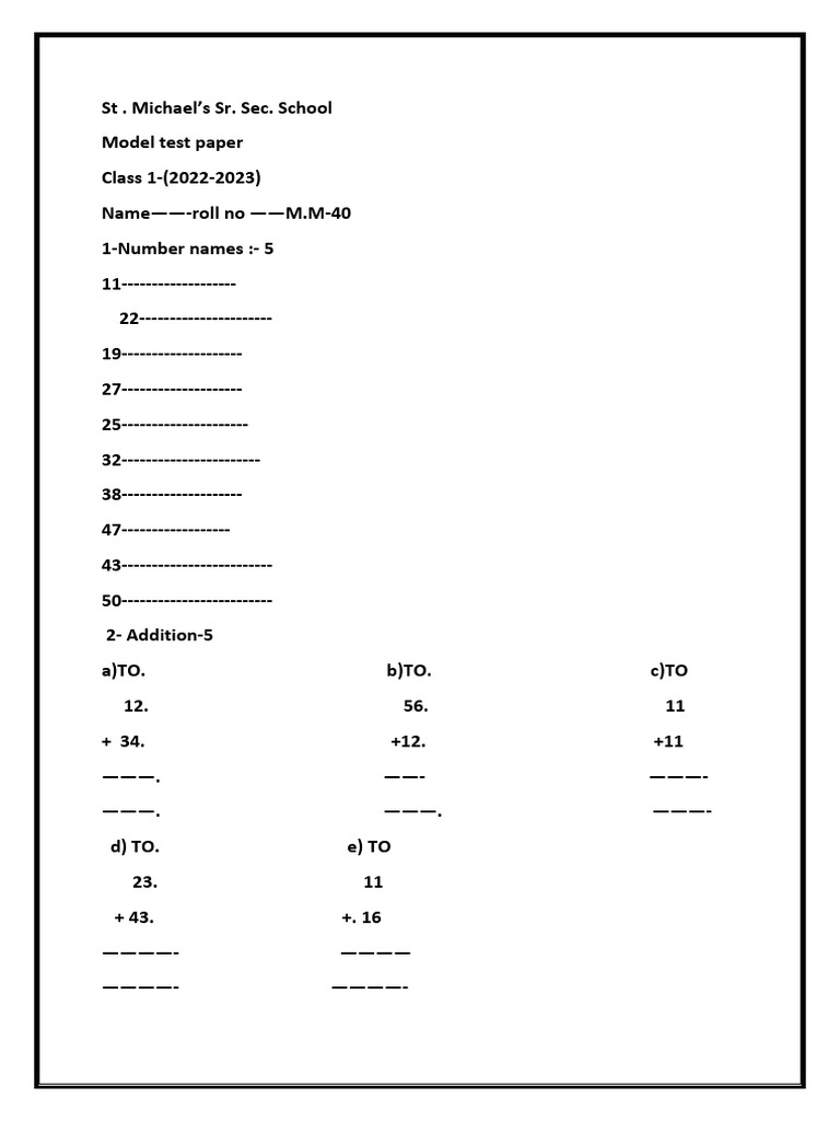 Class 1 Entrance Exam | PDF