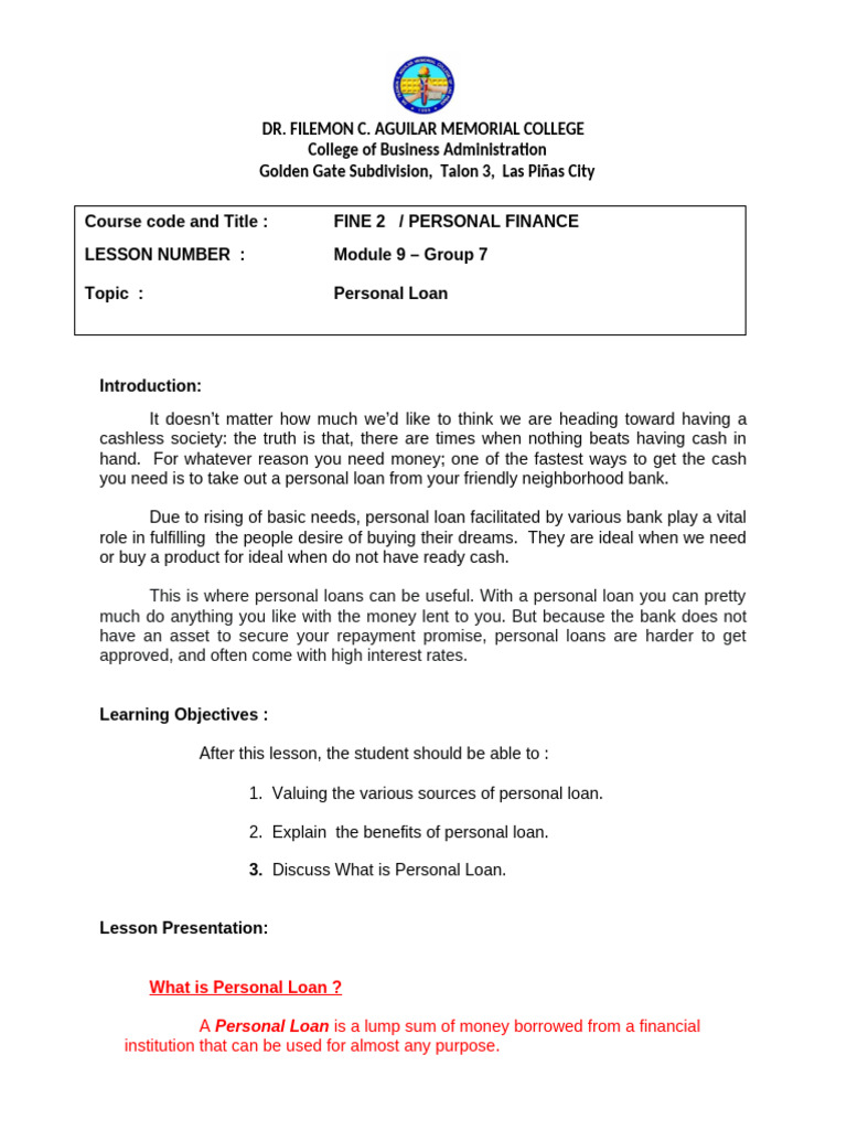 Understanding Personal Loans: Benefits & Types | PDF | Loans ...