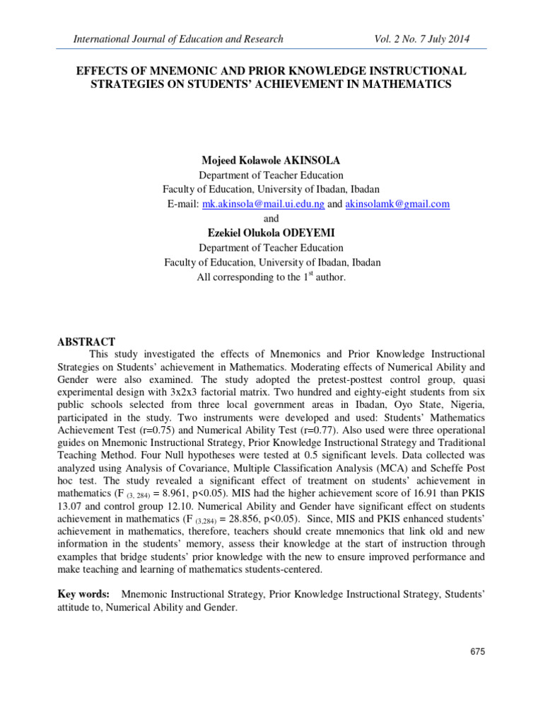 Effects of Mnemonic and Prior Knowledge | PDF | Behavior Modification ...