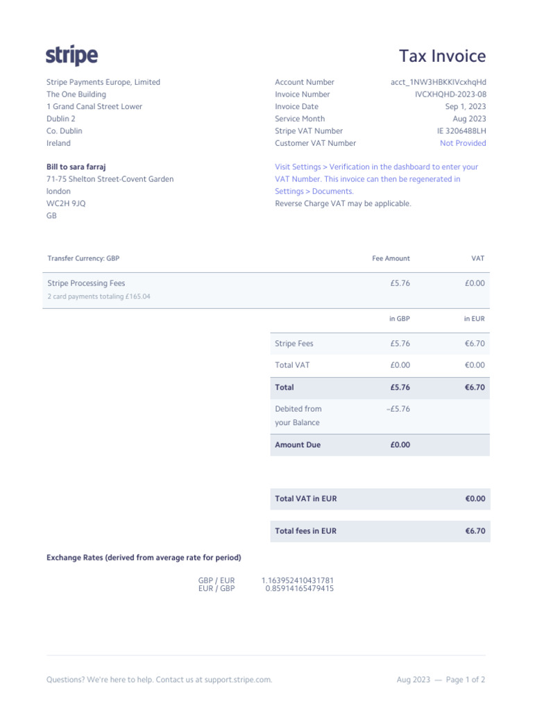 Stripe Tax Invoice IVCXHQHD-2023-08 | PDF | Value Added Tax | Invoice