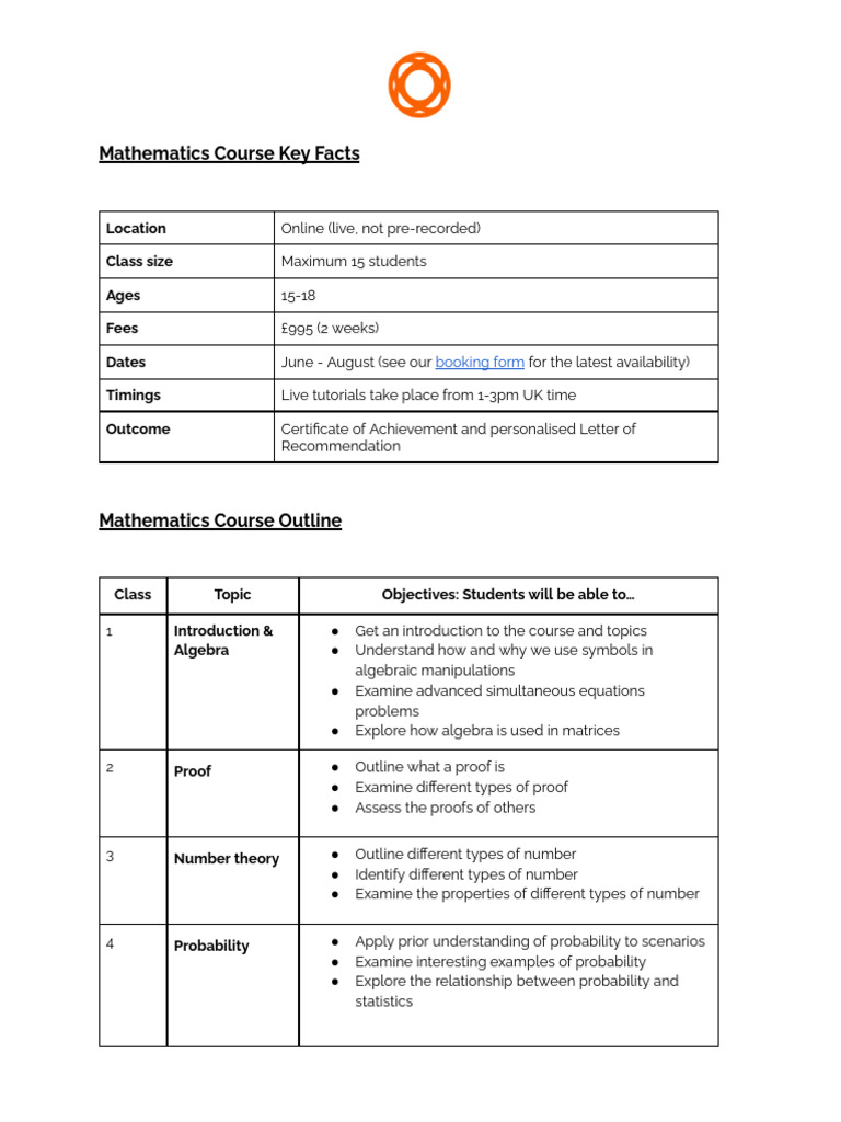 Mathematics Two Week Course Outline | PDF | Mathematics | Mathematical ...