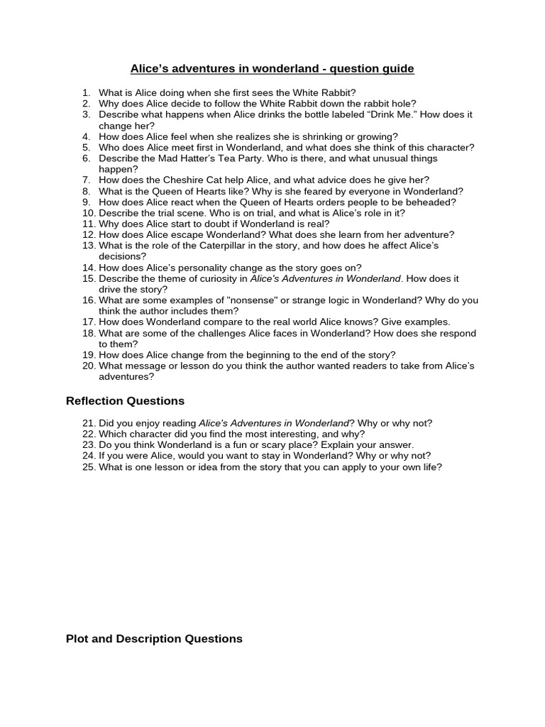 Alice's Adventures in Wonderland - Question Guide | PDF | Alice's ...