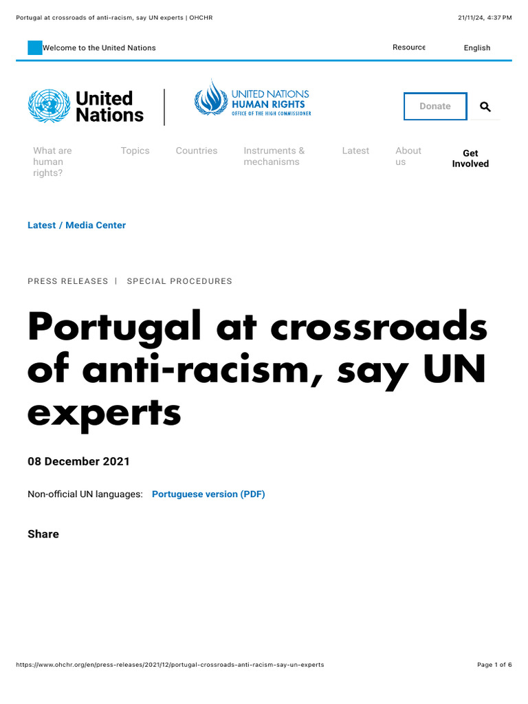 Portugal at Crossroads of Anti-Racism, Say UN Experts - OHCHR | PDF ...