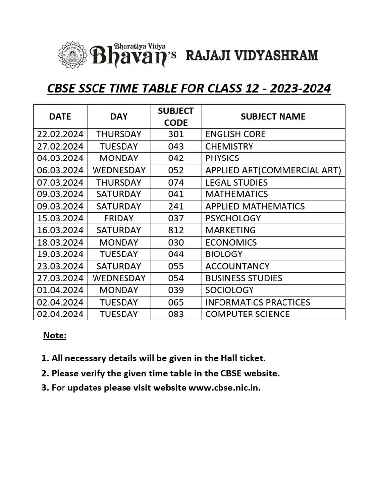 Cbse Ssce Time Table For Class 12 - 2023-2024: Date DAY Subject Code ...