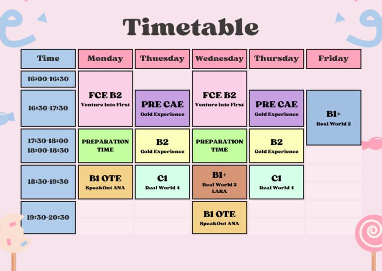 English Class Schedule: Weekly Timetable | PDF