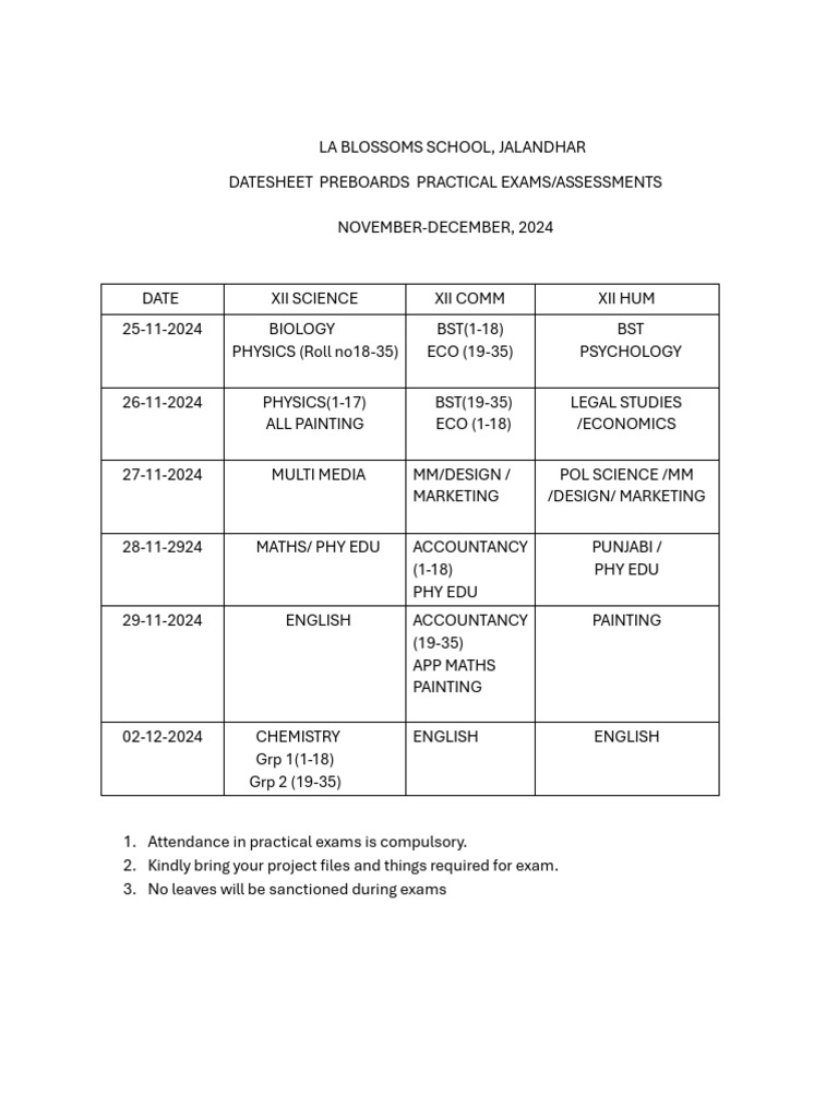 Xii Practicals Date Sheet | PDF