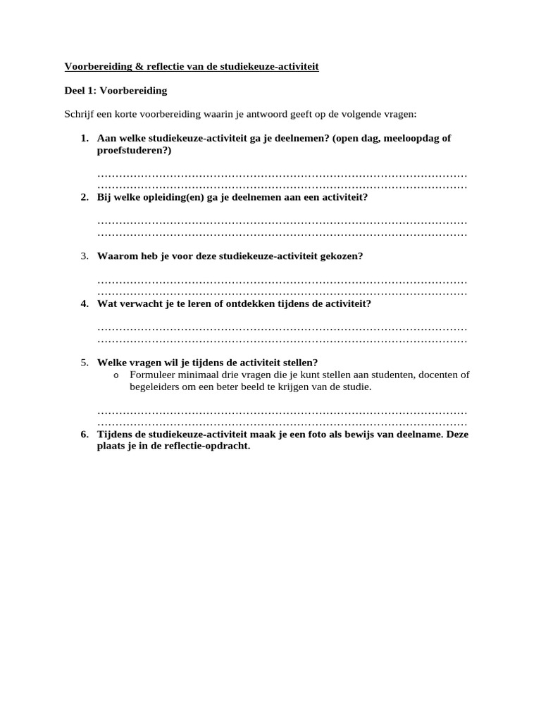 Opdracht Voorbereiding en Reflectie Studiekeuze-Activiteit | PDF
