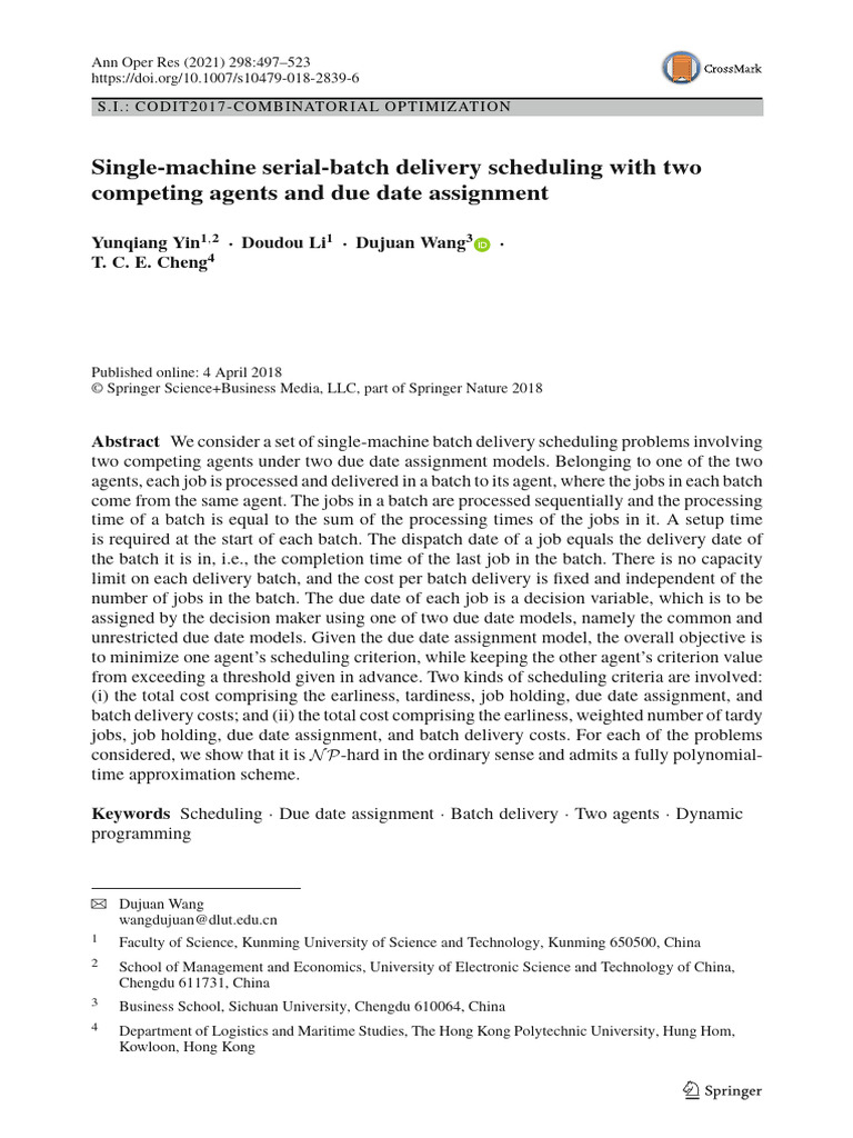 Yin Vd. - 2021 - Single-Machine Serial-Batch Delivery Scheduling Wi | PDF | Time Complexity ...