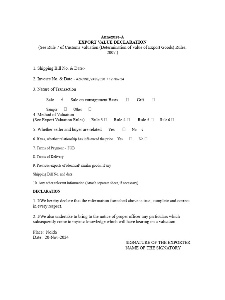 Export Value Declaration Form | PDF