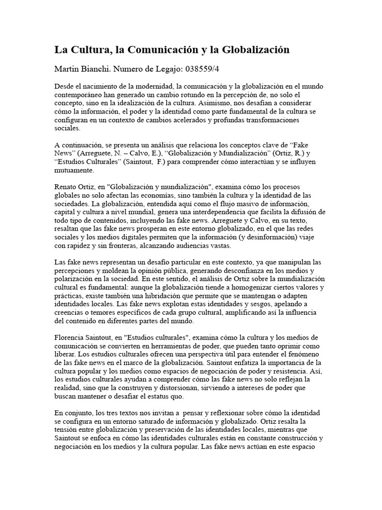 La Cultura - La Comunicaci-N y La Globalizaci-N. Martin Bianchi.-1 | PDF | Globalización ...