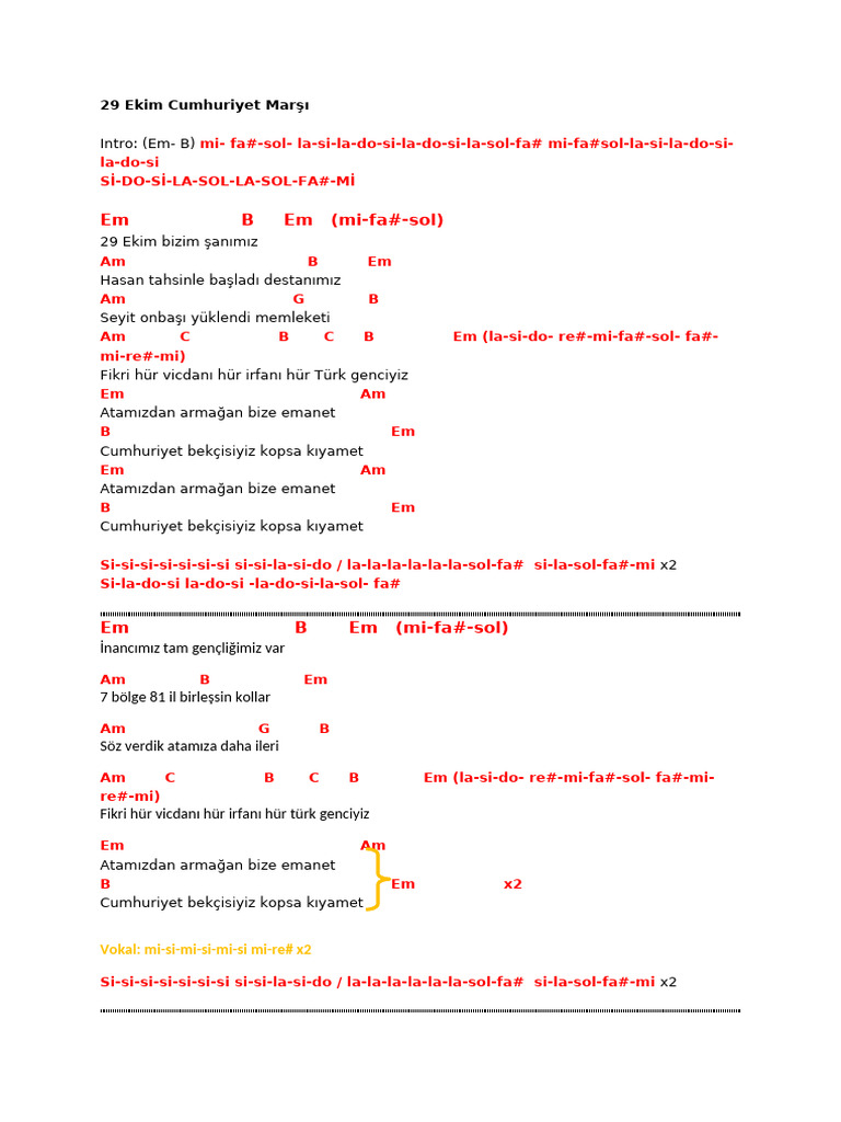 Ali Altay Cumhuriyet Marşı Akor | PDF