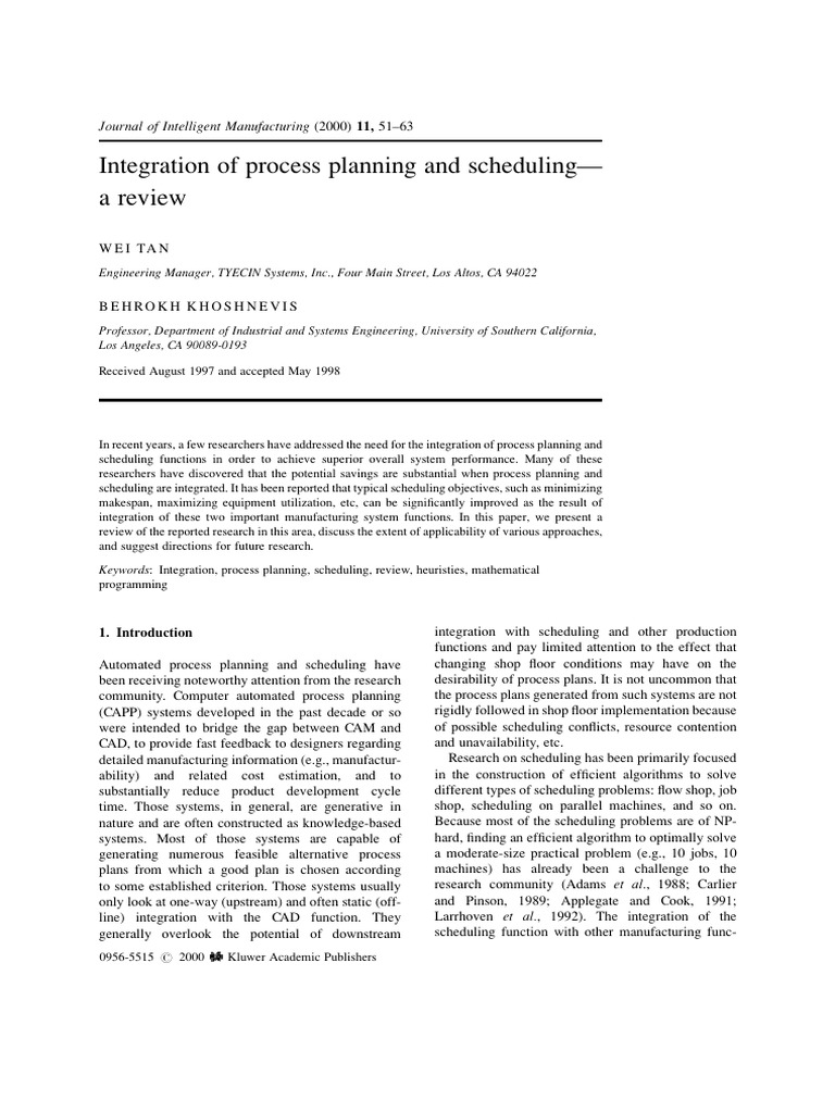 Tan Ve Khoshnevis - 2000 - Integration of Process Planning and Scheduling - A | PDF | Linear ...