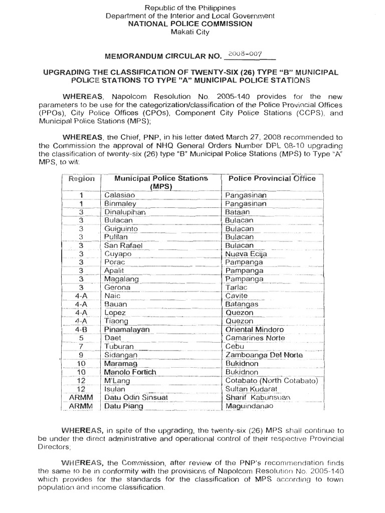 Upgrading Classifications of MPS (Napolcom MC No. 2008-007) | PDF