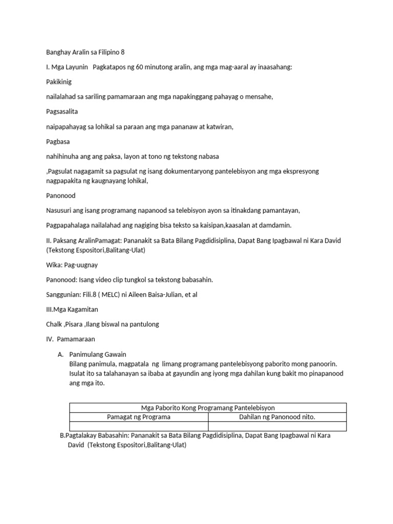 Banghay Aralin Sa Filipino 8 | PDF