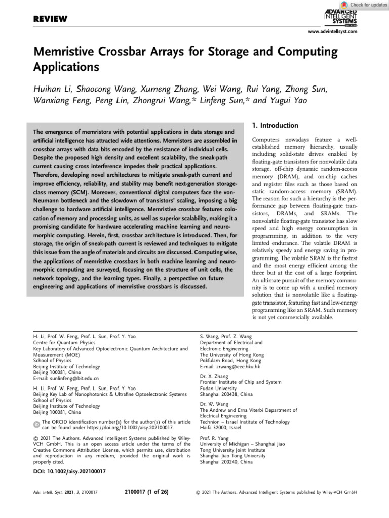 Advanced Intelligent Systems - 2021 - Li - Memristive Crossbar Arrays For Storage and Computing ...