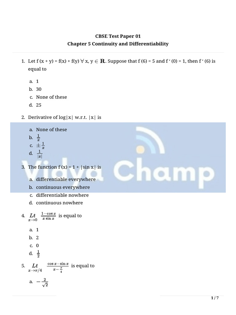 CBSE Test Paper 01 Chapter 5 Continuity and Differentiability | PDF ...