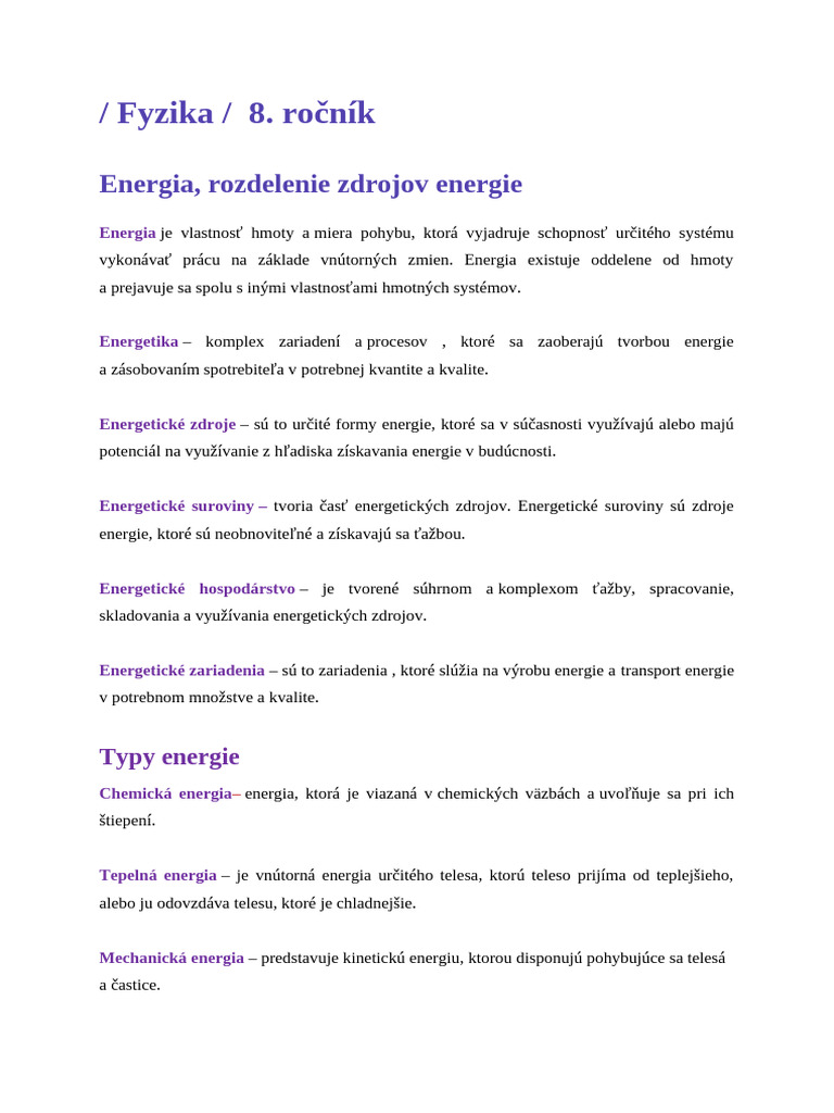 Fyzika / 8. Ročník: Energia, Rozdelenie Zdrojov Energie | PDF