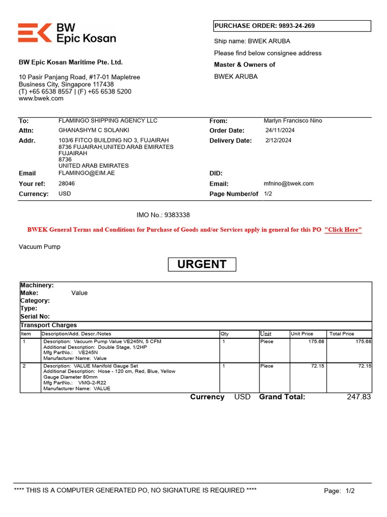 Urgent: BW Epic Kosan Maritime Pte. Ltd. Master & Owners of | PDF | Invoice