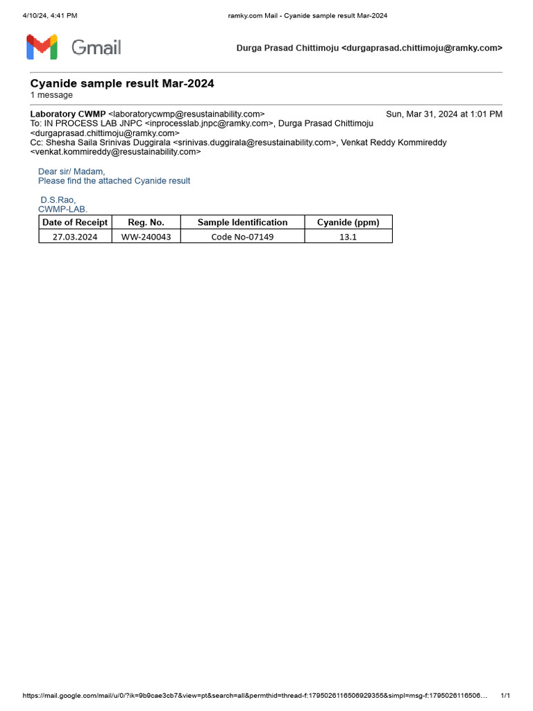 Cyanide Sample Result Mar-2024: 27.03.2024 WW-240043 Code No-07149 13.1 ...